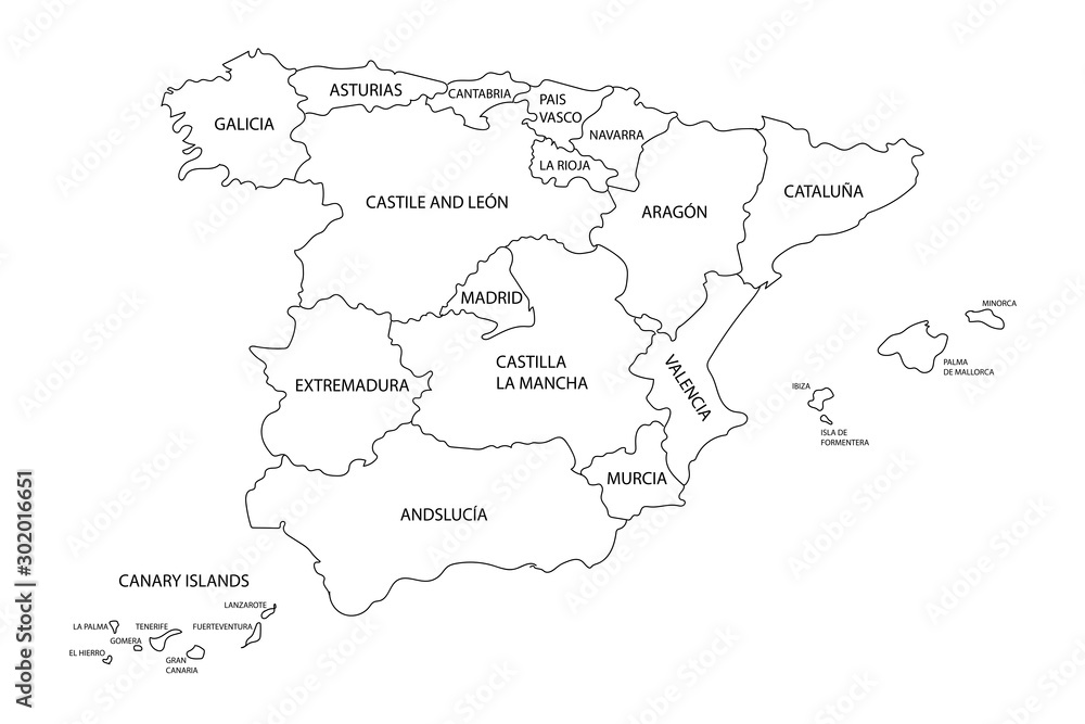 Map of Spain with borders of regions, states or autonomous communities ...