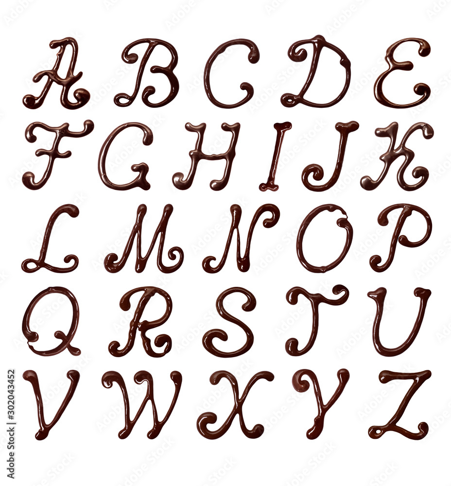Latin alphabet made of elegant chocolate font with swirls, isolated on ...