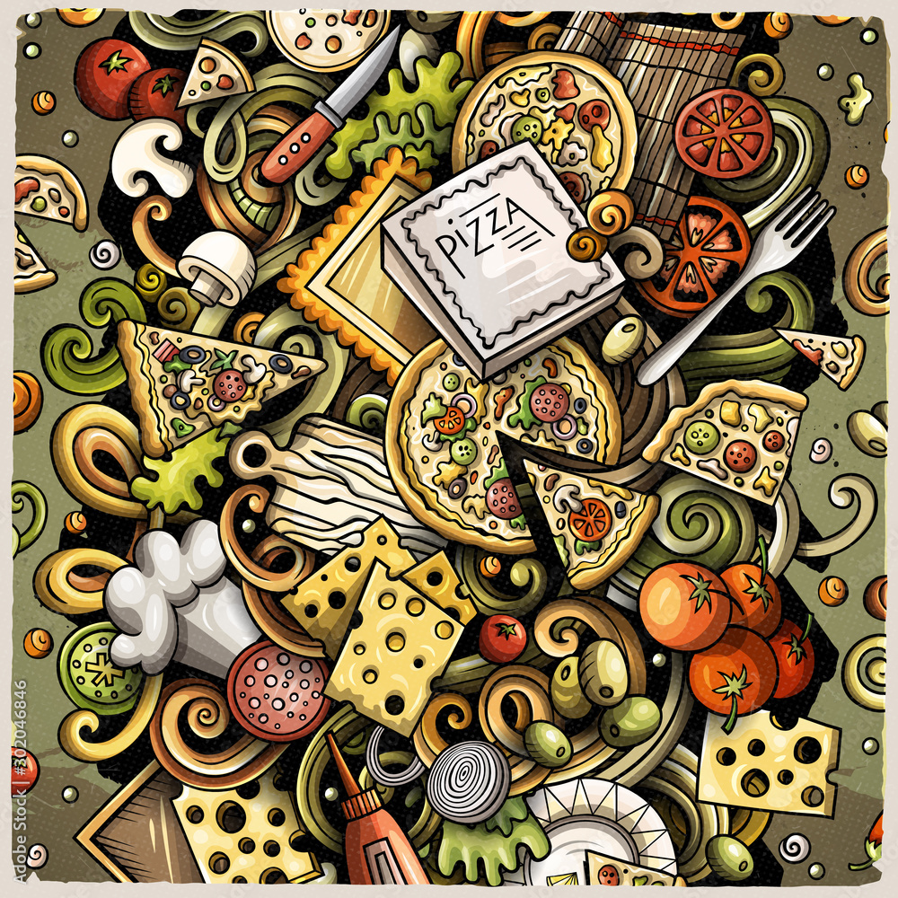 Cartoon color cute doodles Pizza illustration Stock Illustration ...