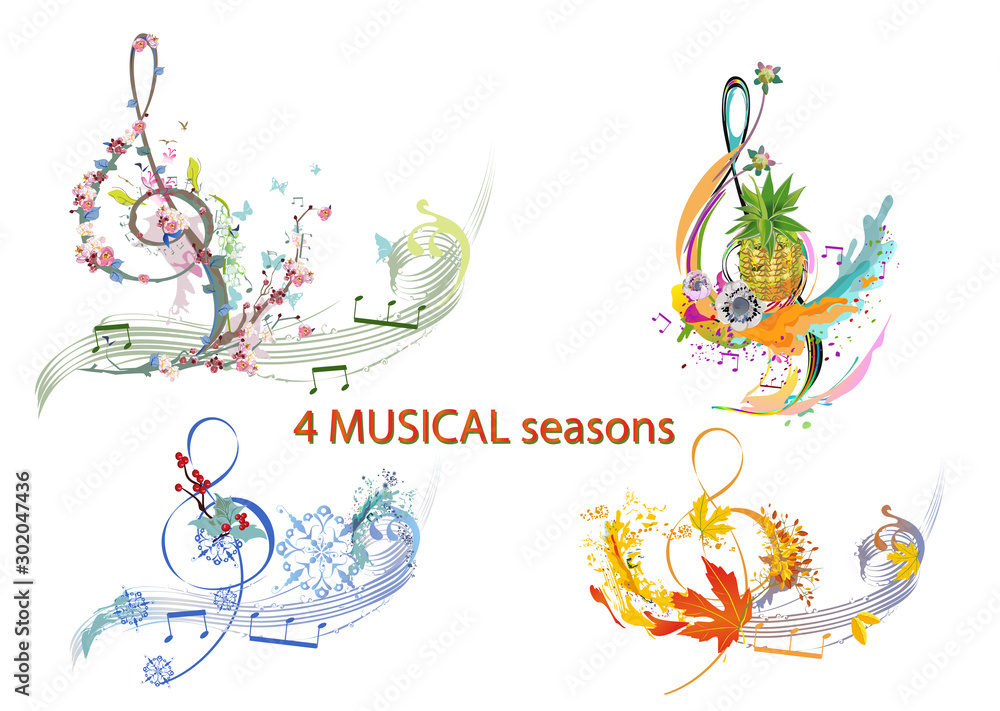 Abstract treble clef decorated with summer, autumn, winter and spring ...