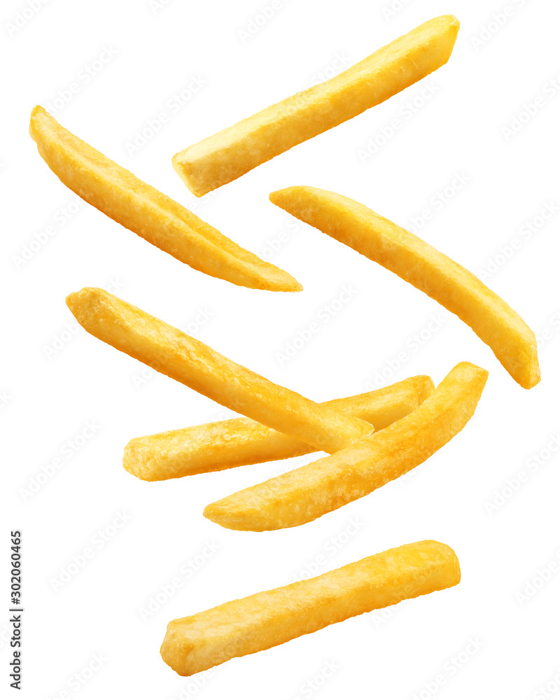 Falling french fries, potato fry isolated on white background, clipping ...