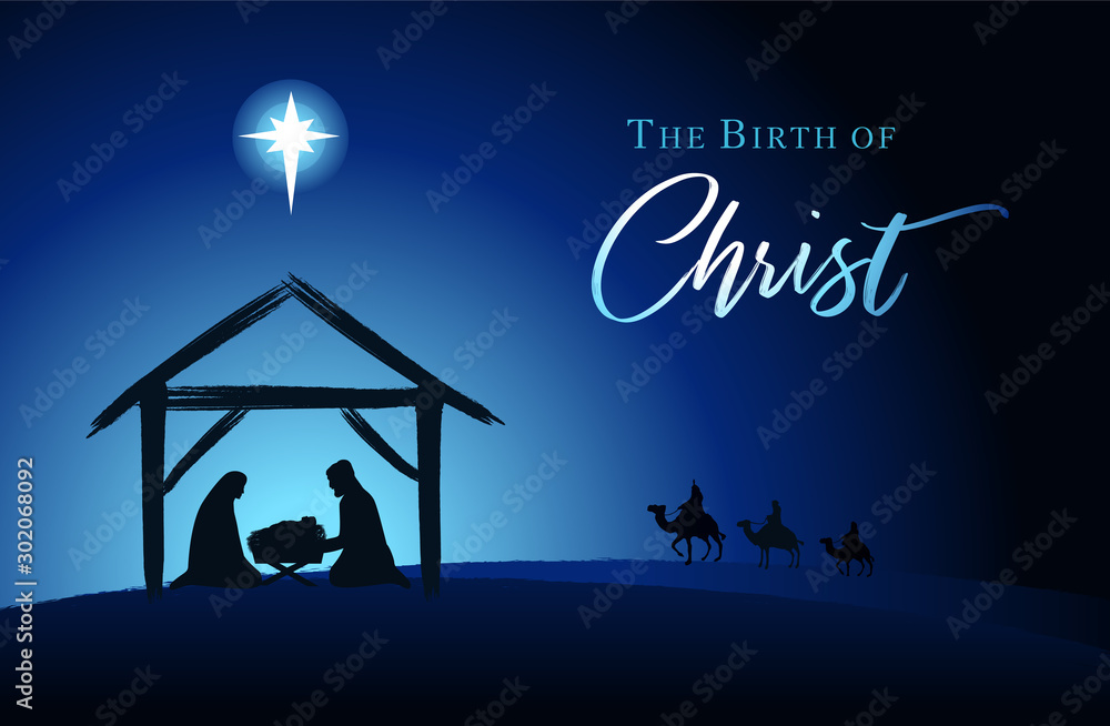 Christmas scene of baby Jesus in the manger with Mary and Joseph in ...