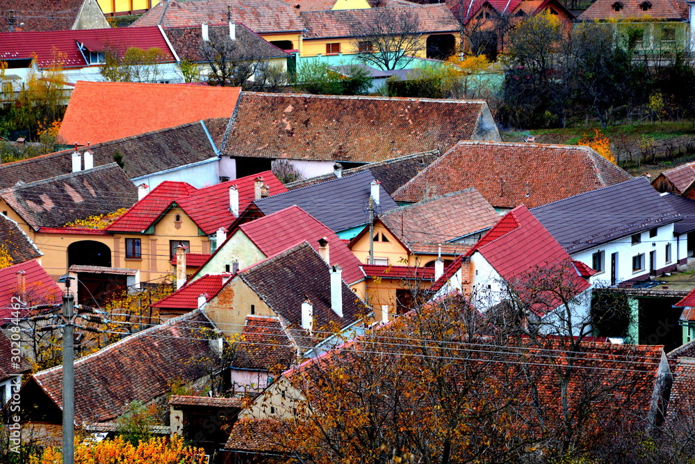 Typical rural landscape and peasant houses in Garbova, Transylvania ...