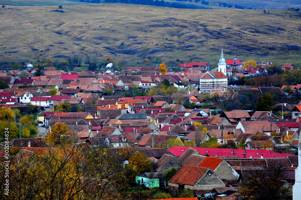 Typical rural landscape and peasant houses in Garbova, Transylvania ...