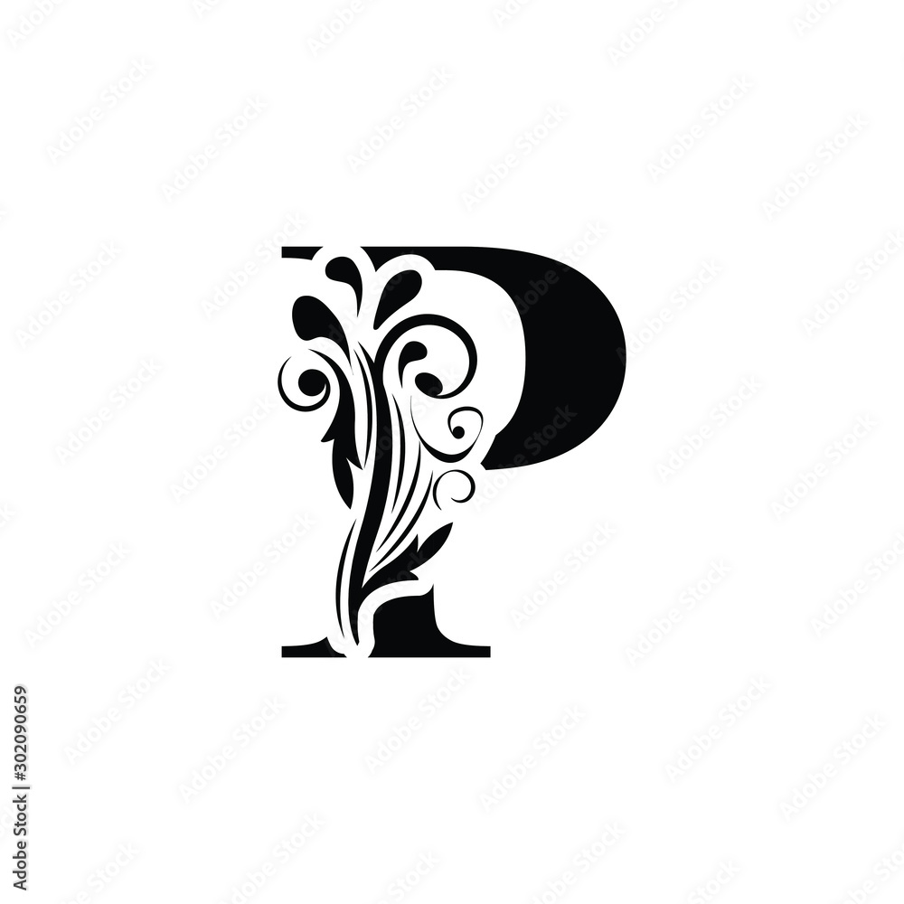 letter P. Black flower alphabet. Beautiful capital letters with shadow ...