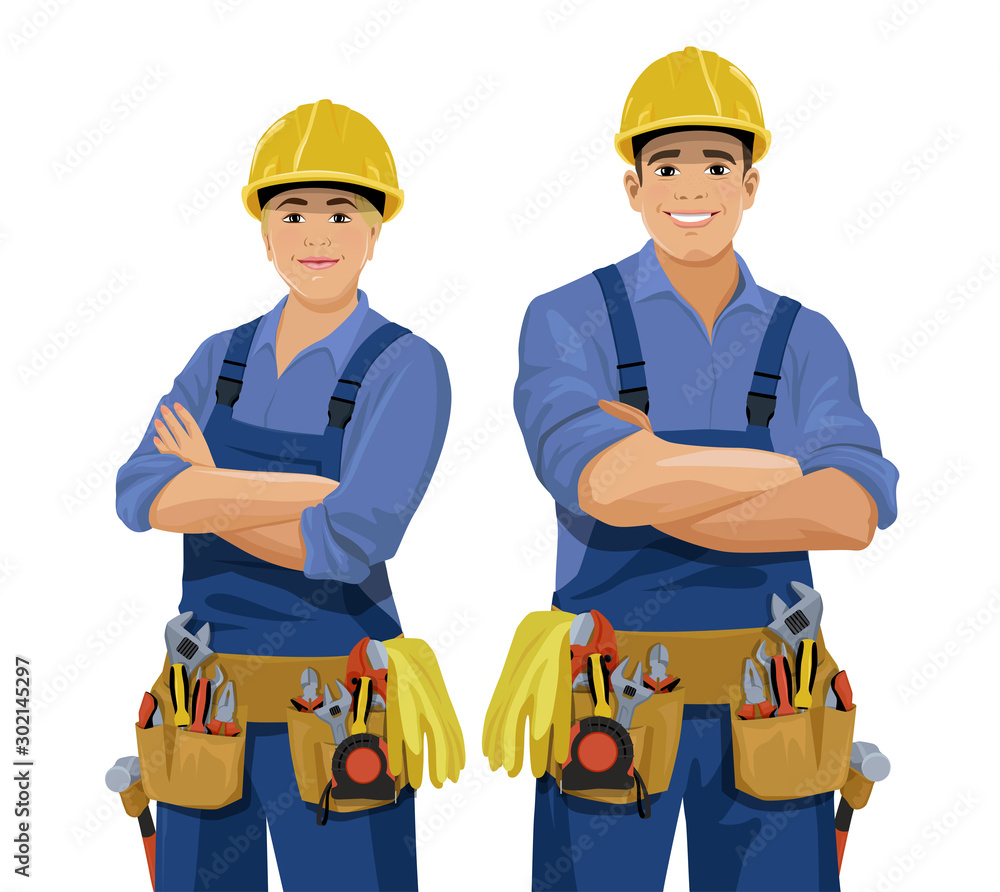 Set of male and female workers with tools. Cartoon smiling work man and ...