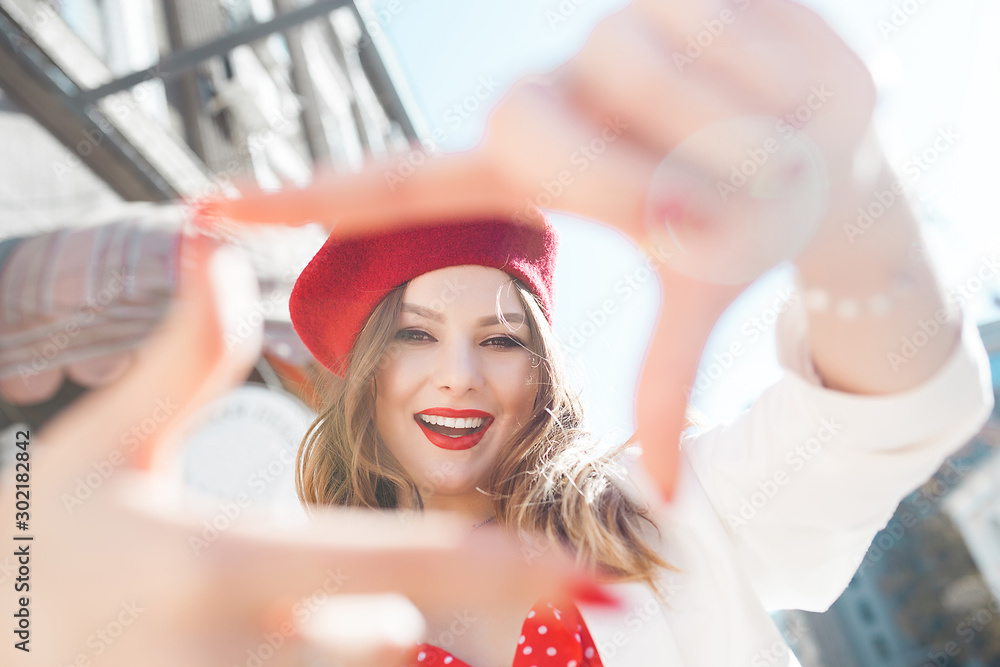 Very attractive young woman outdoors having fun. Pretty lady at urban ...