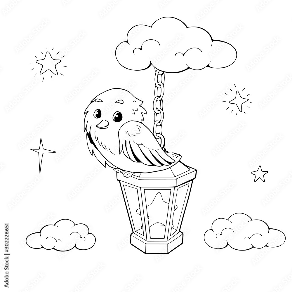 Cute cartoon bird seeting on a lantern in the night sky. Isolated ...
