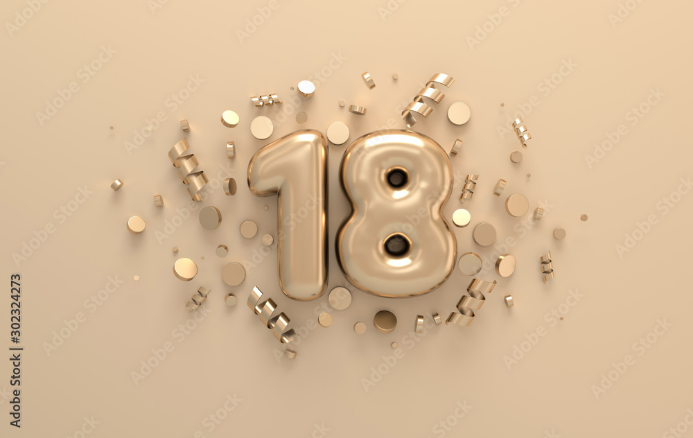 Golden 3d number 18 with festive confetti and spiral ribbons. Poster ...