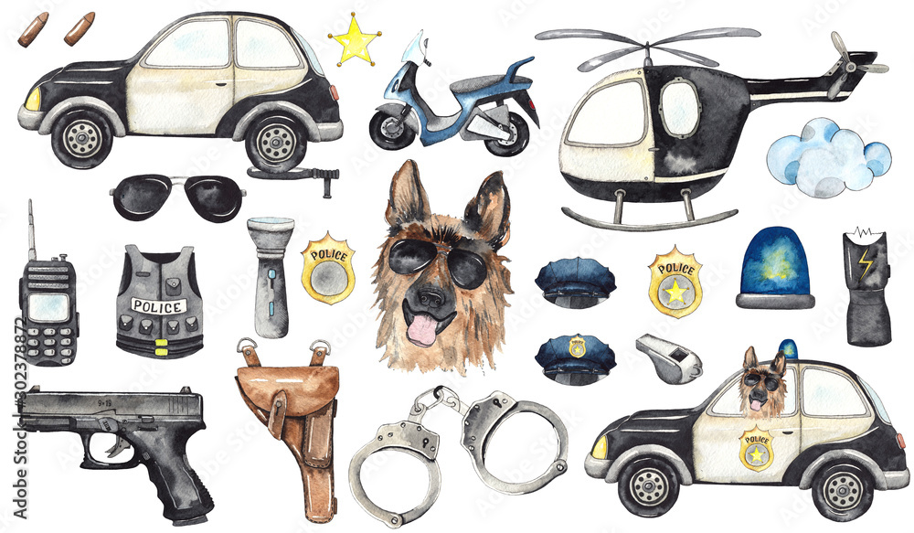 Watercolor cartoon cute set Police illustration. Police car, helicopter ...