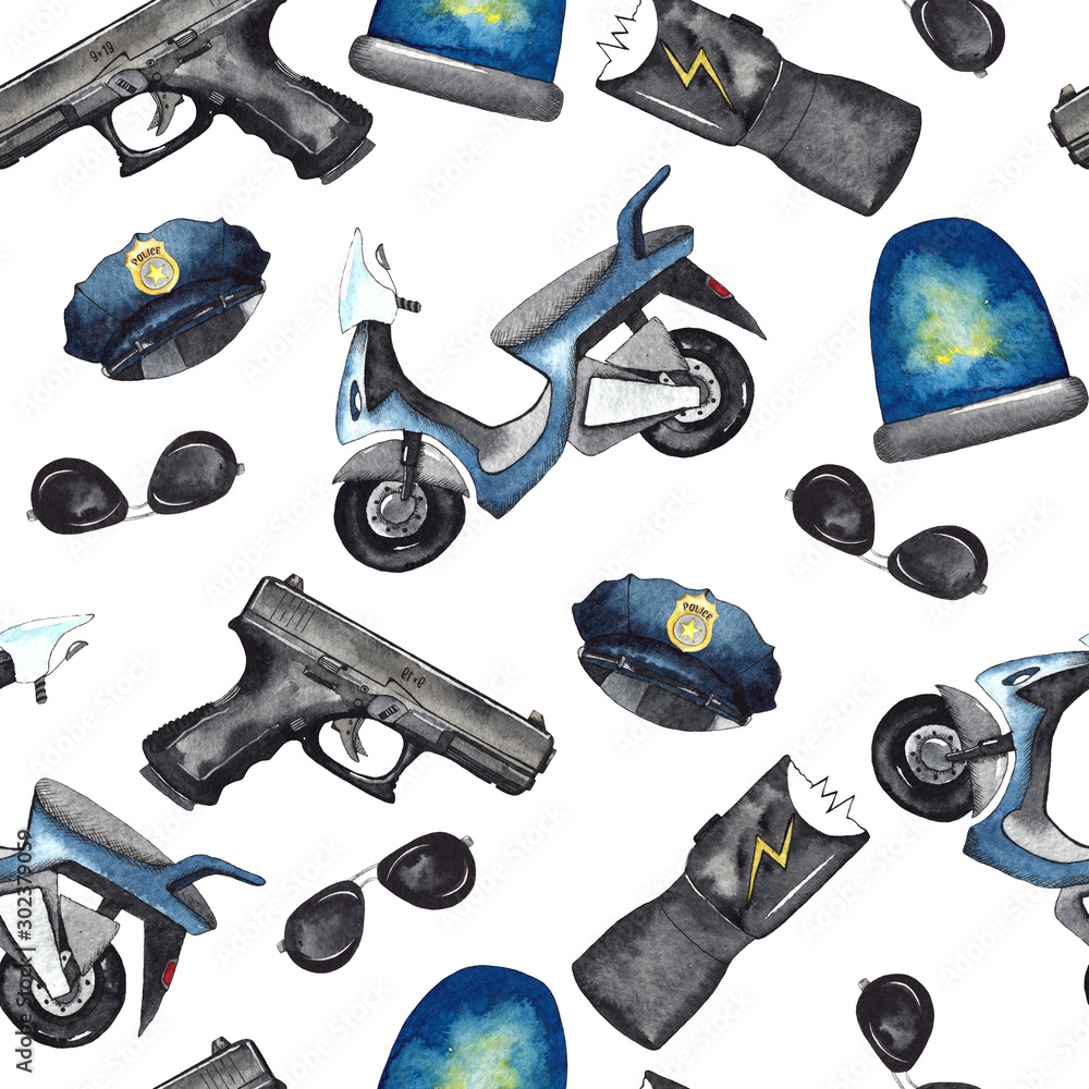 Watercolor cartoon cute seamless pattern Police illustration. Police ...