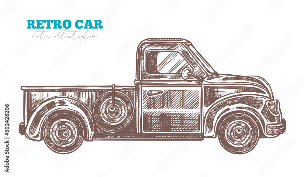 Image vectorielle Stock Vector engraved retro pickup truck. Sketch hand ...