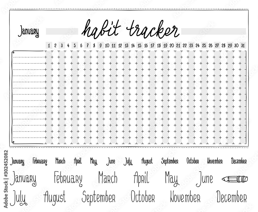 Stock-Vektorgrafik „Habit tracker template. Blank with hand written ...