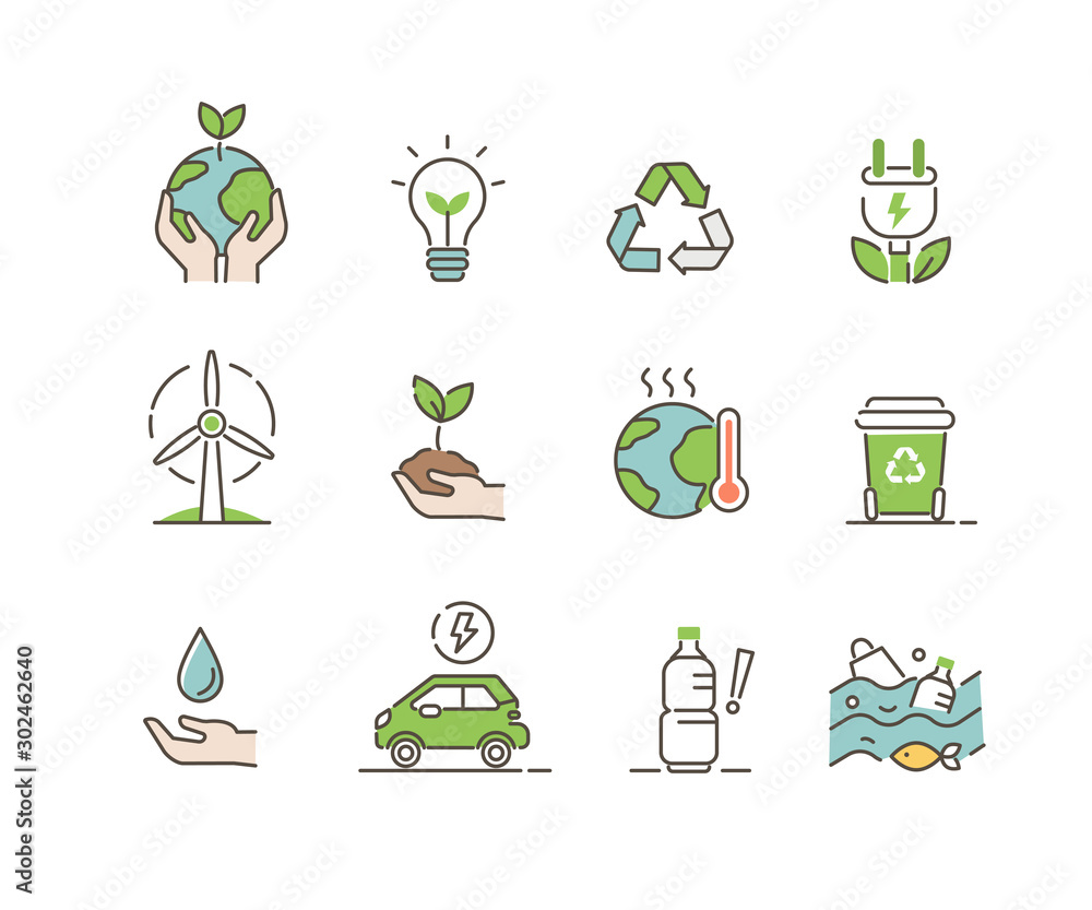 Ecology Icons Set. Global Warming, Climate Change, Plastic Pollution ...