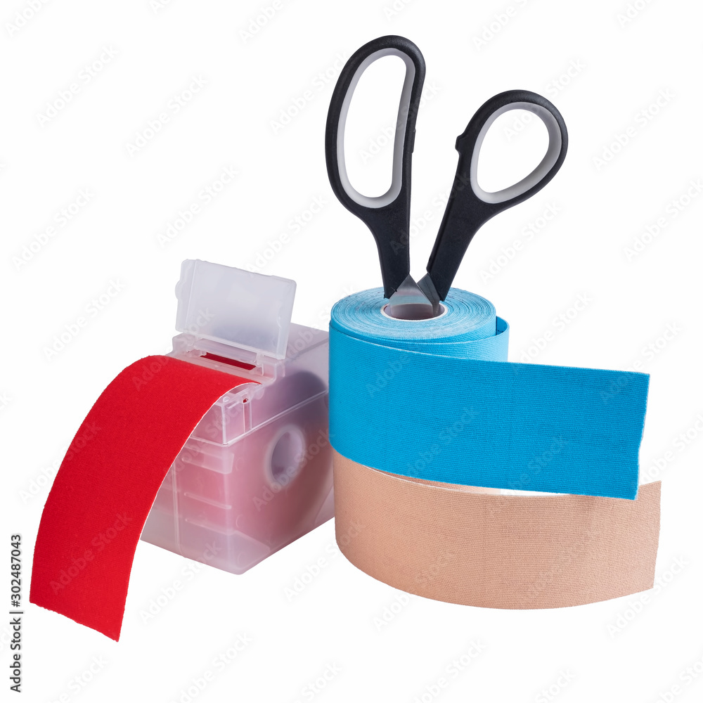 scissors, dispenser and rolls kinesiology tape for athletes isolated on ...