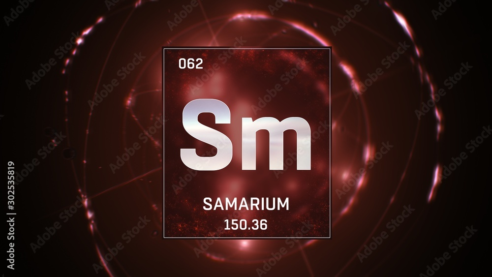 3D illustration of Samarium as Element 62 of the Periodic Table. Red ...