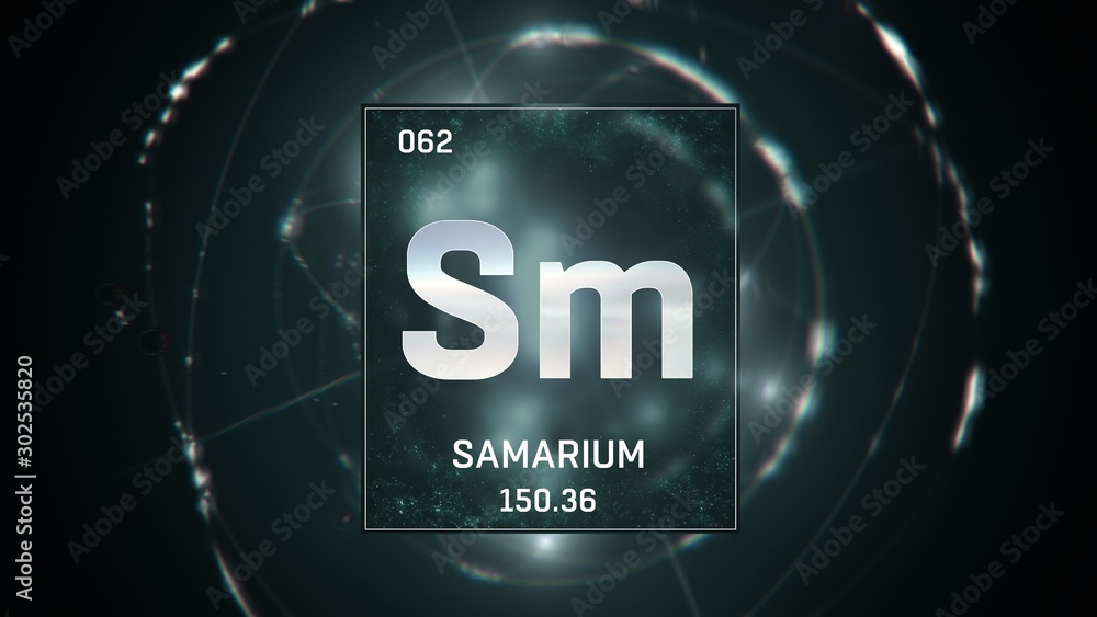 3D illustration of Samarium as Element 62 of the Periodic Table. Green ...