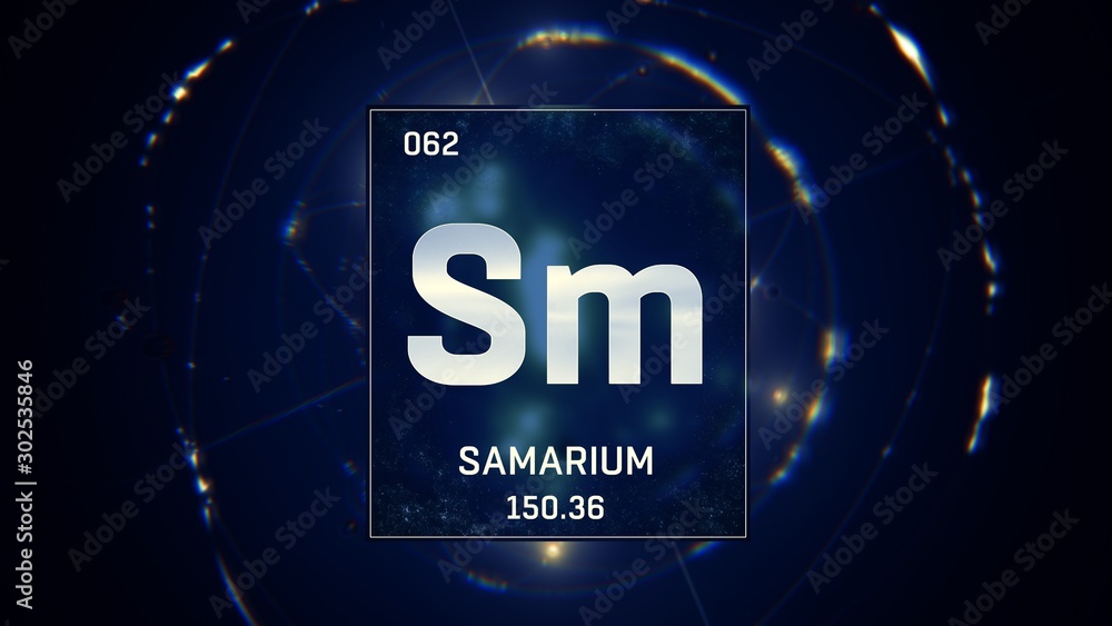 3D illustration of Samarium as Element 62 of the Periodic Table. Blue ...