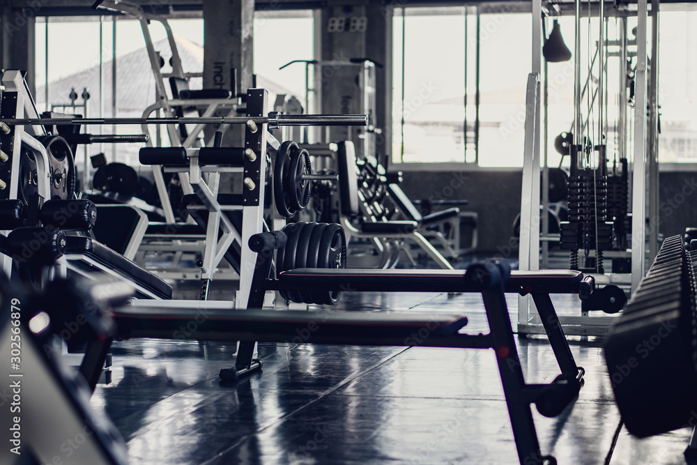 interior background of room in gym or fitness center fully equip of ...