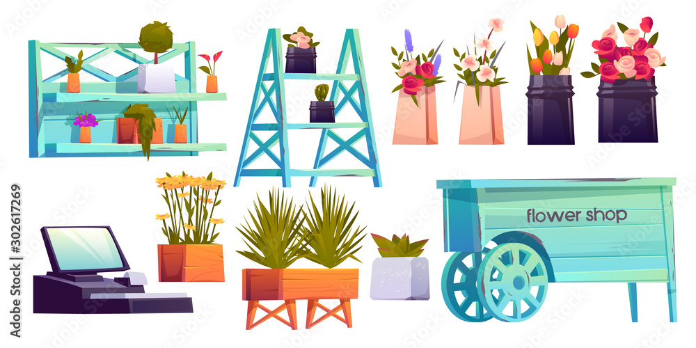 Flower shop set, potted plants on shelves, cashier and decoration ...