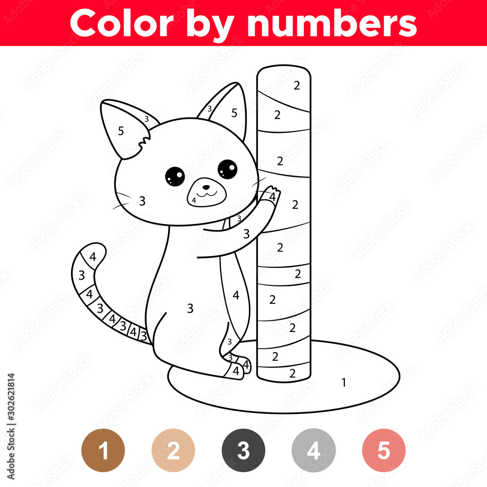 Coloring page for preschool children. Learn numbers and colors. The cat ...