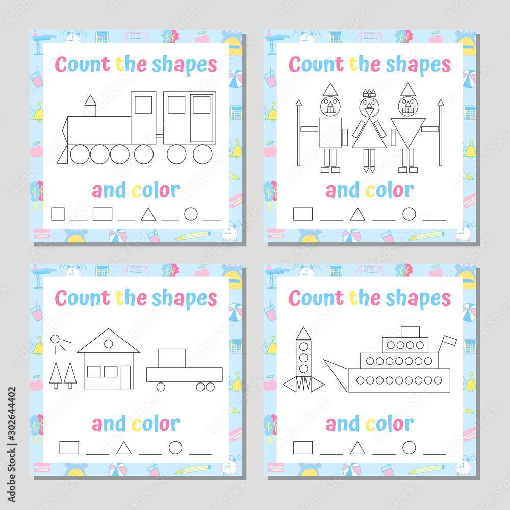 Stock-Vektorgrafik „Recognize and count geometric shapes math game set ...