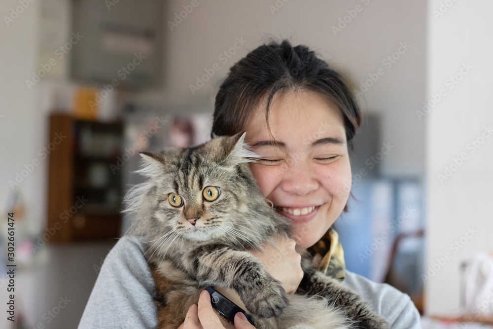 Young Asian woman is hugging a persian cat with indoor scene, human ...