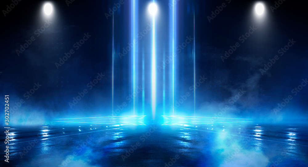 Empty show scene background. Reflection of a dark street on wet asphalt ...