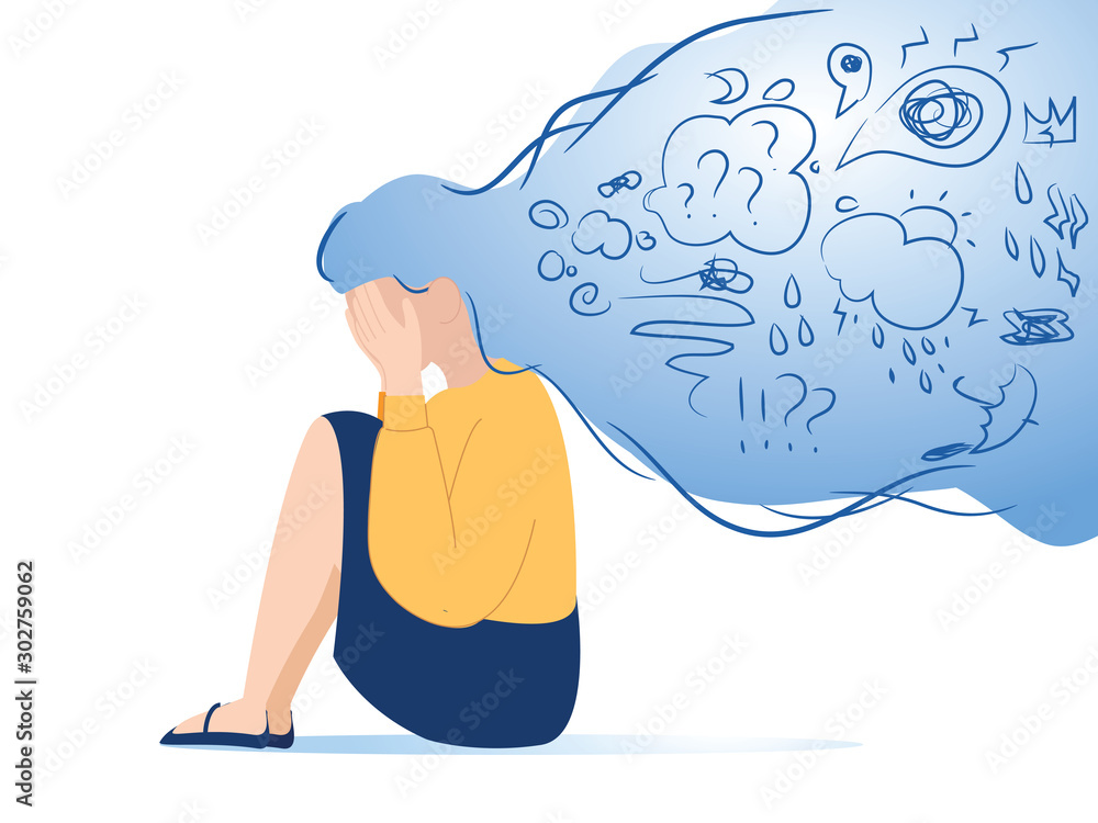 Vetor Mental disorder, finding answers, confusion concept. Woman ...