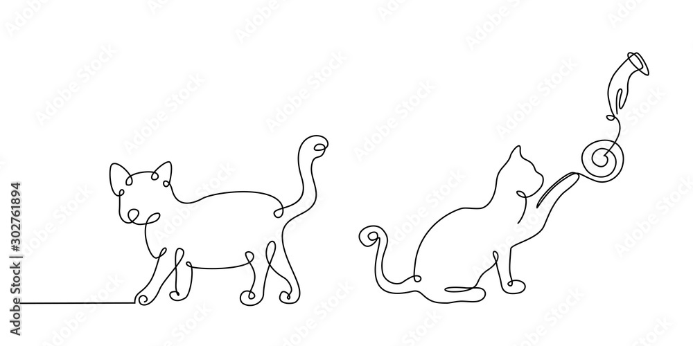 Cat drawn in a continuous line, the cat is playing with a ball of yarn ...