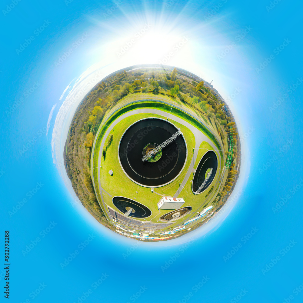 Aerial 360 degrees panorama to sewage treatment plant. Grey water ...