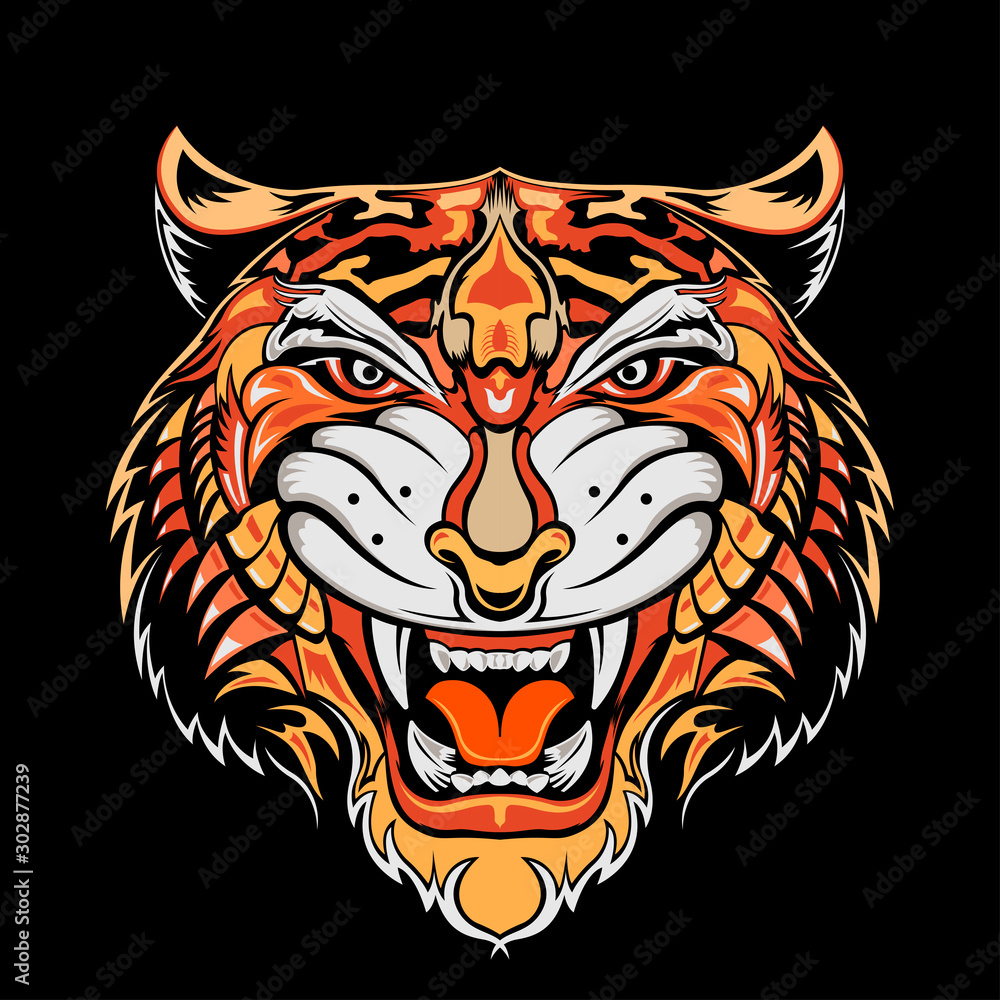 Angry tiger silhouette, colorful traditional tattoo style Tiger face ...