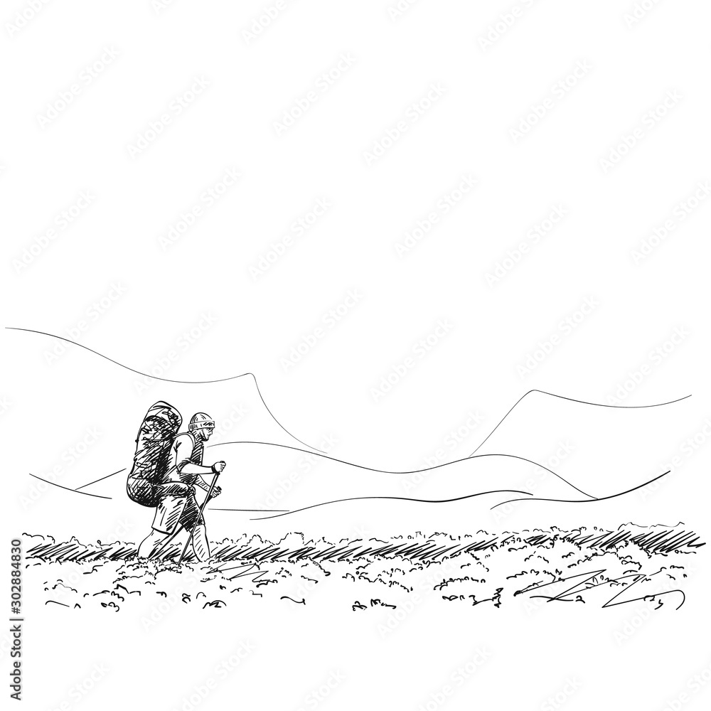 Sketch of man trekking with big backpack in mountain landscape, Hand ...