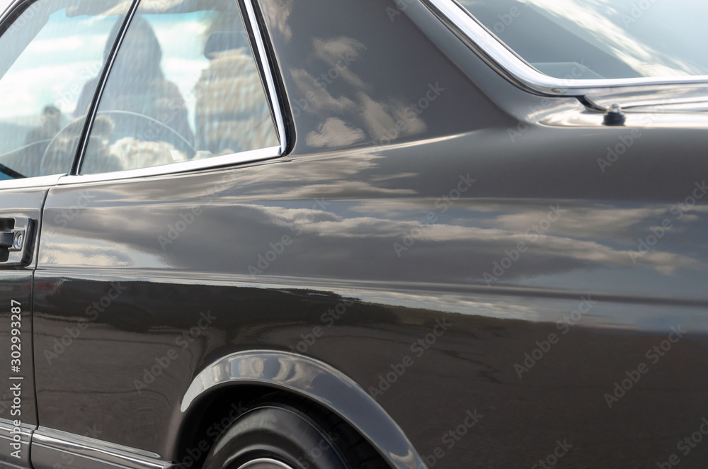 Classic car background. Vintage car wallpaper. Reflection on the rear ...