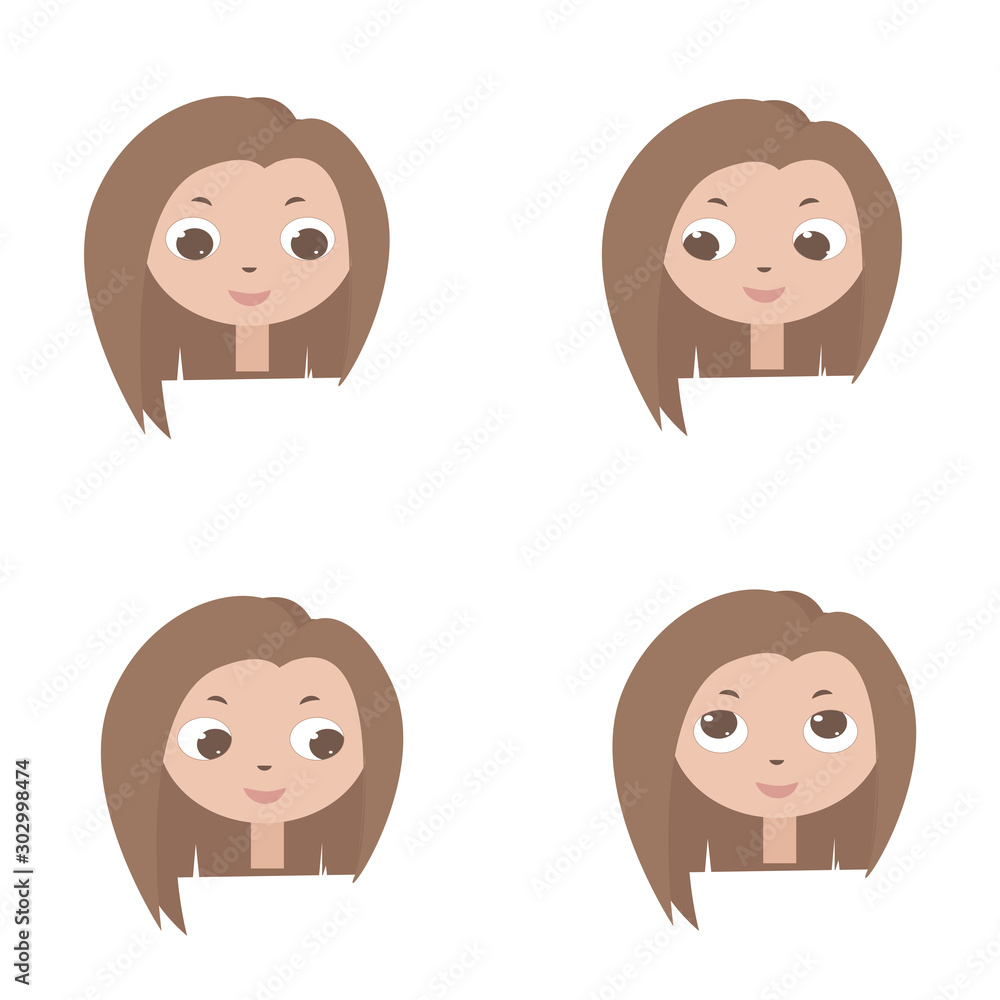 Cartoon cute girl character with different sights, facial emoji. Stock ...