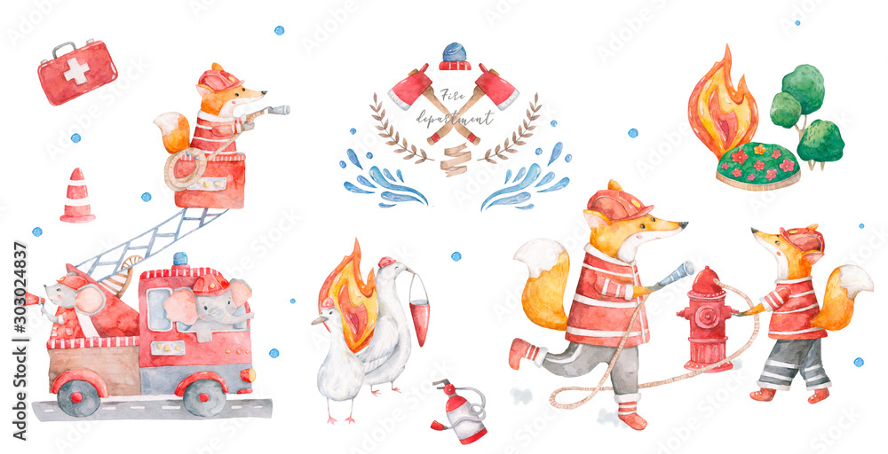 Watercolor cute cartoon little two foxes extinguish a fire on trees ...