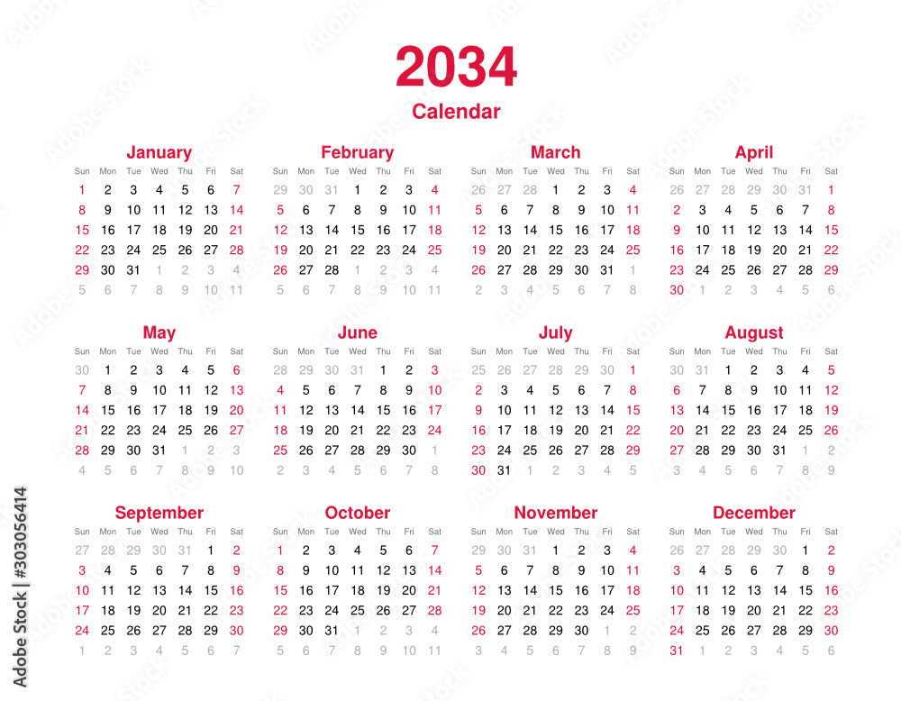 Calendar 2034 - 12 months yearly vector calendar in year 2034 ...