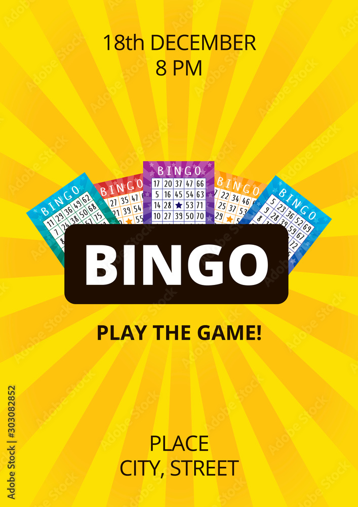 Vivid stylish bingo poster with yellow glowing background and tickets ...