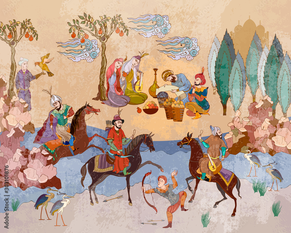 Medieval miniature. Mughal art. Persian frescoes. Travel of heroes ...