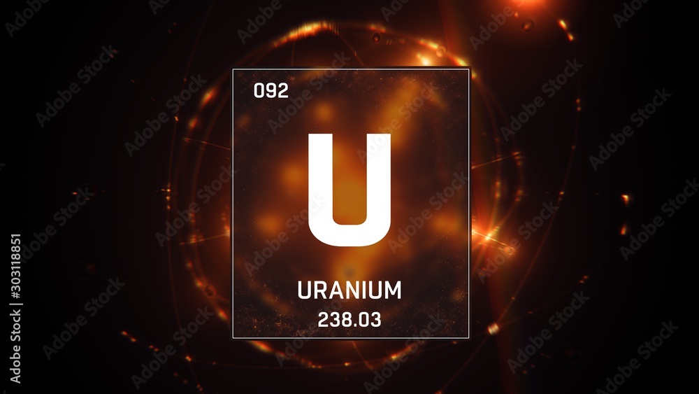 3D illustration of Uranium as Element 92 of the Periodic Table. Orange ...