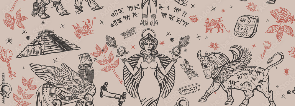 Ancient Sumerian Civilization. Vintage seamless pattern. Old school ...