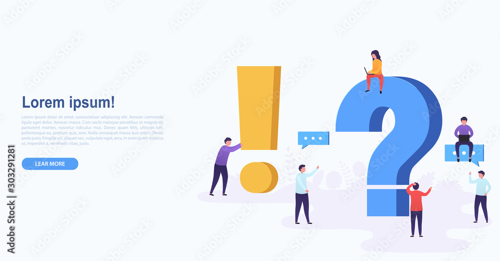 People standing near question and exclamation mark. Women and men ask ...