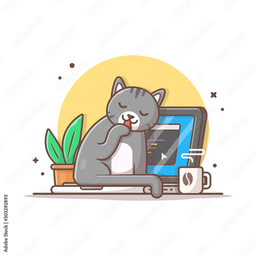 Cute Cat Sitting On Laptop with Coffee and Plant Vector Illustration ...