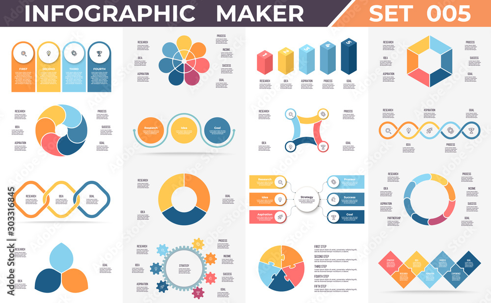Business infographics. Diagrams, charts with 3, 4, 5, 6, 7 parts ...
