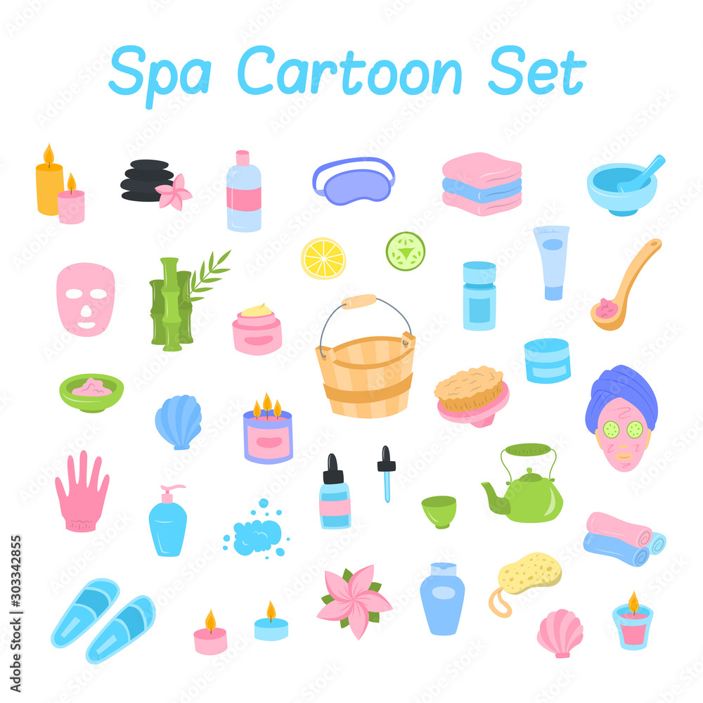 Vector cartoon flat spa elements set. Hand drawn spa and massage salon ...