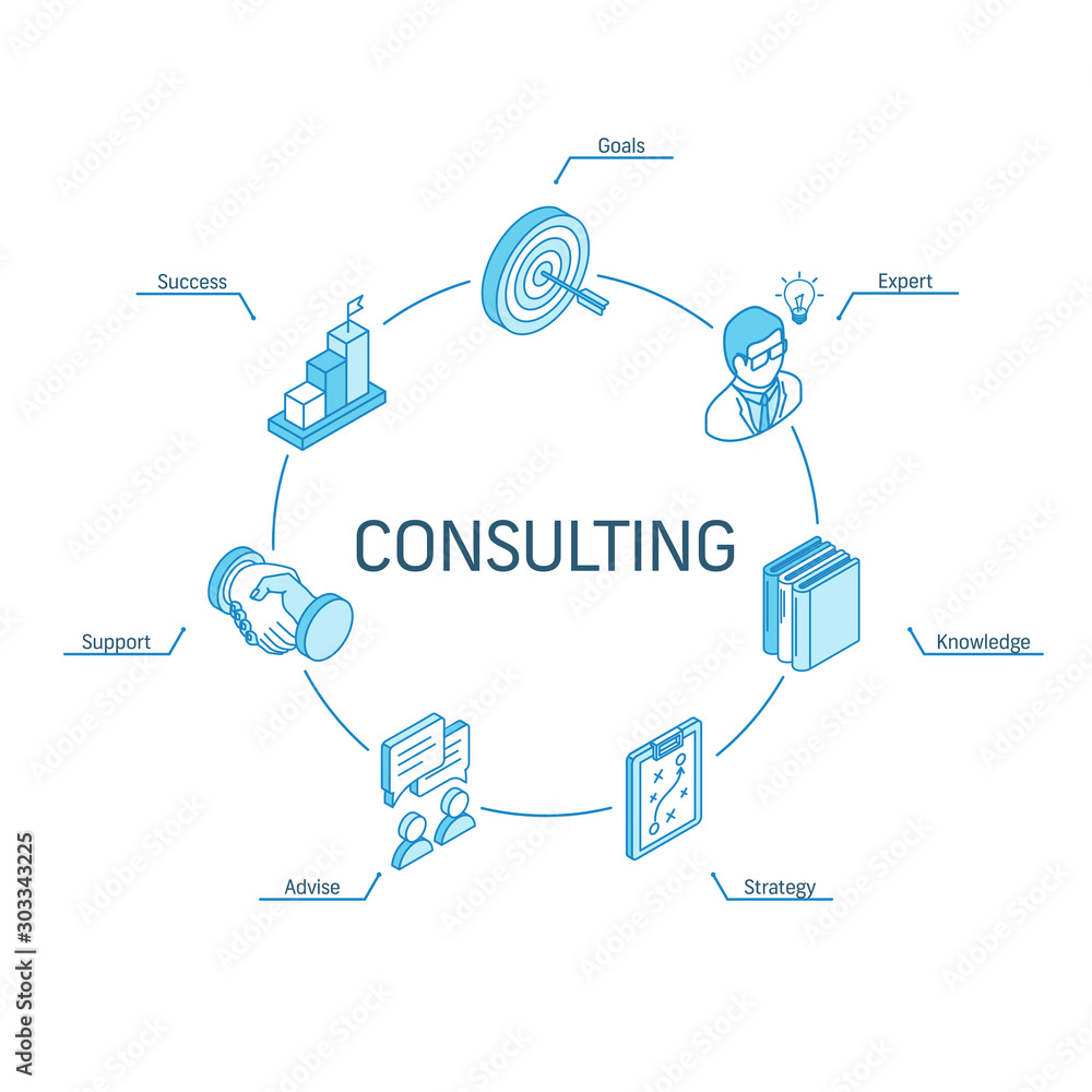 Consulting isometric concept. Connected line 3d icons. Integrated ...