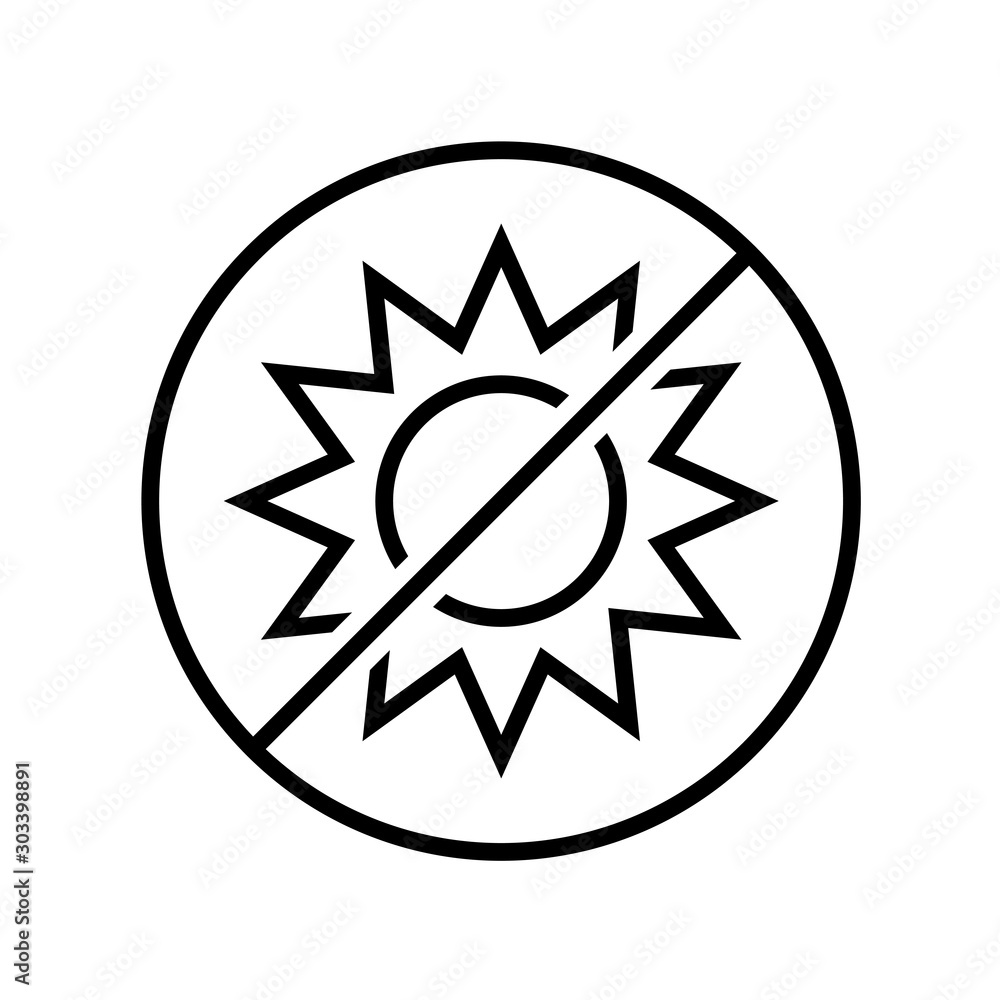 No sun icon. Line style symbol of sun rays prohibition. Do not expose ...