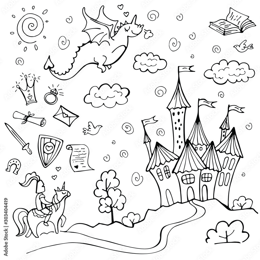 Hand drawn doodle fairytale set isolated on white. Dragon, knight, road ...
