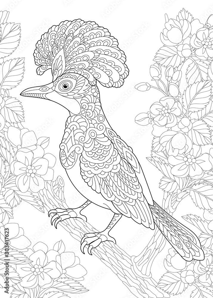 coloring page with bird in the garden Stock Vector | Adobe Stock