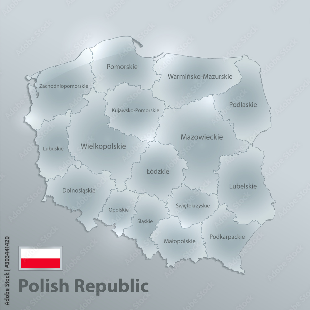 Poland map separates regions and names individual regions, design glass ...